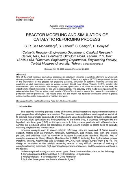 Reactor Modeling And Simulation Of Catalytic Reforming Process