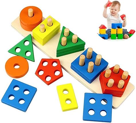 Dqtye Wooden Toys Geometrical Shapes Stacking Game Preschool Learning