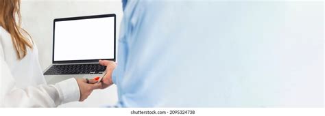 Man Woman Holding Open Laptop White Stock Photo 2095324738 Shutterstock