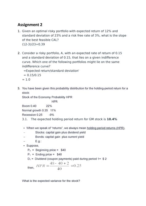 Assignment 2 Multiple Choice Assignment 2 Given An Optimal Risky Portfolio With Expected