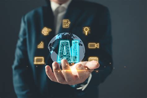 Ai는 창작 콘텐츠 컨셉을 생성합니다 남자의 손은 Ai 아이콘 기술 마케터 교육 연구 미디어 비디오 스트리밍 온라인 마케팅 전략을 분석하여 디지털 비즈니스를 성장시킵니다