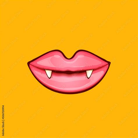 Sexy Red Vampire Woman Lips With Fangs Isolated On Orange Background