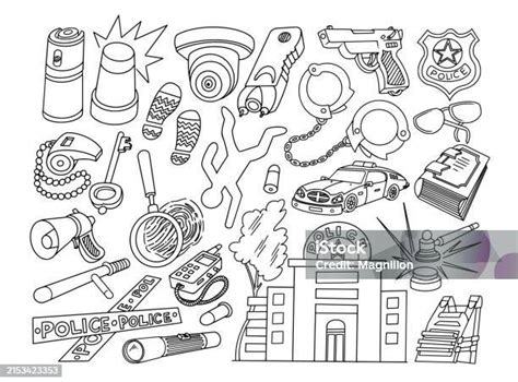 낙서 의 경찰 와 법 집행 아이콘 검정색과 백색 벡터 일러스트 경찰관에 대한 스톡 벡터 아트 및 기타 이미지 경찰관 라인