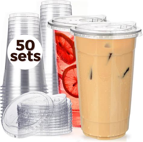 32 Oz Clear Plastic Cups With Strawless Sip Lids 50 Sets Disposable