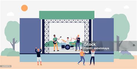 음악 밴드 플랫 벡터 일러스트와 음악 축제 또는 야외 파티 무대 무대에 대한 스톡 벡터 아트 및 기타 이미지 무대 시합 뮤직 페스티발 Istock