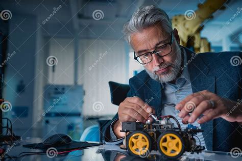 Automation Robotics Engineer Assembling Robotic Car Prototype For Delivery Warehouse Concept
