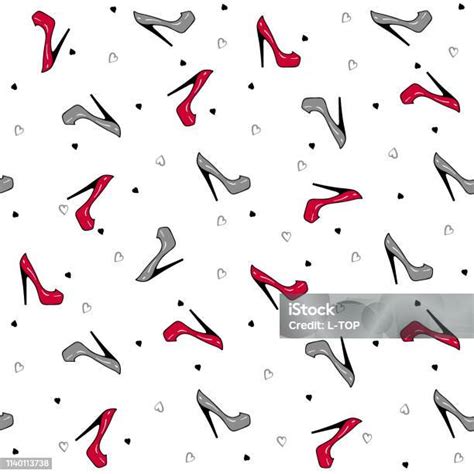 신발과 마음을 가진 아름 다운 소녀의 패턴입니다 여성을 위한 세련 된 완벽 한 패턴입니다 벽지 벡터 일러스트 레이 션 흰색 바탕에 빨간색 검은 색과 회색으로 만든 하이힐에