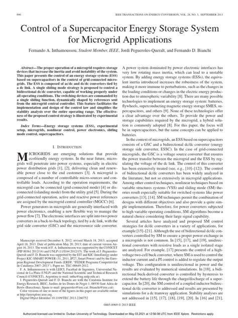 Control Of A Supercapacitor Energy Storage System Pdf Distributed Generation Physical Sciences