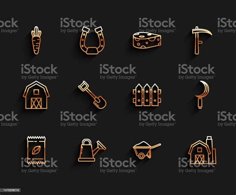 세트 라인 특정 식물의 씨앗으로 가득 찬 팩 물뿌리개 당근 흙이 있는 수레 농장 집 개념 삽 낫 및 정원 울타리 나무 아이콘 벡터 건설 산업에 대한 스톡 벡터 아트 및 기타