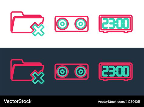 Set Line Digital Alarm Clock Delete Folder Vector Image