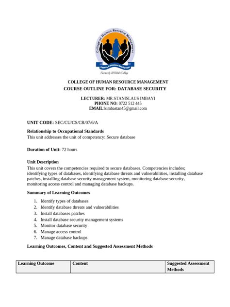 Database Security Course Outline Pdf Databases Vulnerability Computing