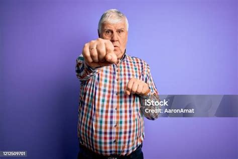 고립 된 보라색 배경 펀칭 주먹을 통해 캐주얼 화려한 셔츠를 입고 선임 잘 생긴 Hoary 남자는 싸움 공격적이고 화가 공격 위협과 폭력 권투 스포츠에 대한 스톡 사진 및
