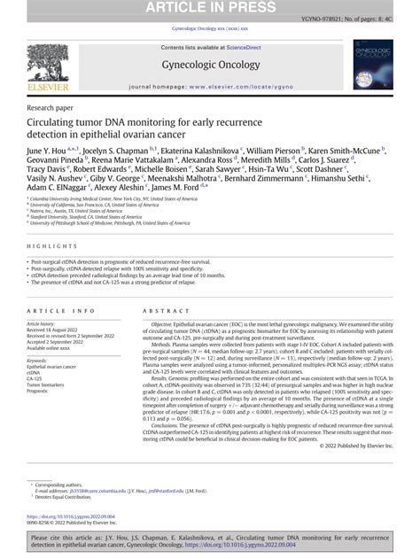 Pdf Circulating Tumor Dna Monitoring For Early Recurrence Detection In Epithelial Ovarian Cancer