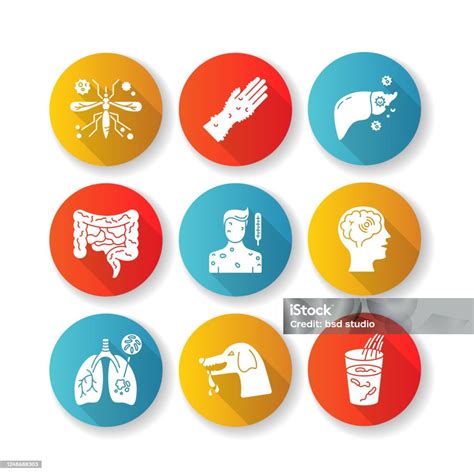 바이러스 감염 플랫 디자인 긴 그림자 글리프 아이콘 세트 다른 전염병 세균성 바이러스 의학적 진단 바이러스학 다양한 세균병원균 실루엣 Rgb 칼라 일러스트 아이콘에 대한