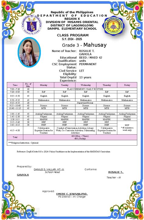 Class Program G3 Mahusay 2024 2025 Time No Of Min Monday Tuesday