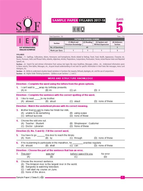 Ieo Sample Paper Class 5 Pdf Phrase Verb