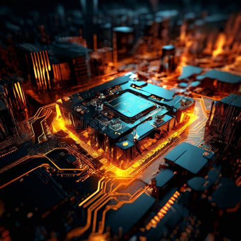 3d Rendering Of Computer Motherboard And Cpu Chip With Circuit Board