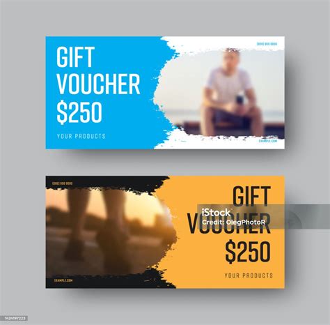 250 상품권 벡터 템플릿 둥근 요소 브러시 스트로크 효과 흰색 검은 색 배경 노란색 파란색 악센트가있는 인증서 디자인 디자인에 대한 스톡 벡터 아트 및 기타 이미지