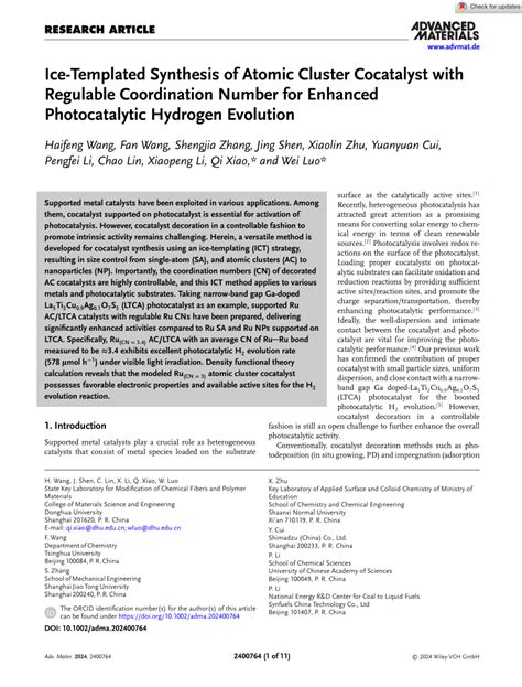 Pdf Ice‐templated Synthesis Of Atomic Cluster Cocatalyst With Regulable Coordination Number