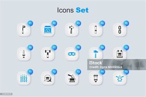 정원 조명 램프 망치 대장장이 오븐 클래식 철제 울타리 모루 및 망치 모루 도구 화재 포커 및 용접 안경 아이콘을 설정합니다 벡터 강철에 대한 스톡 벡터 아트 및 기타