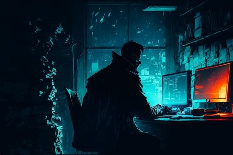 Premium Photo A Shadowy Figure Hunches Over A Computer In A Dimly Lit Room Typing