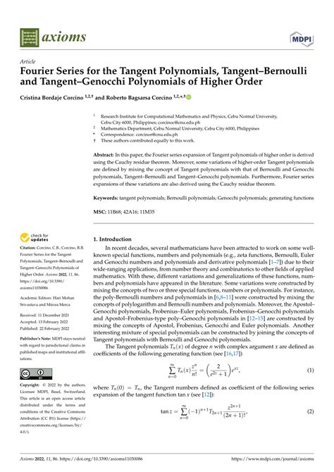 Pdf Fourier Series For The Tangent Polynomials Tangent Bernoulli And Tangent Genocchi