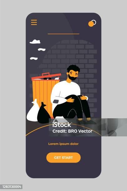 상자 근처 거리에 앉아 노숙자 가난한 남자 배고픈에 대한 스톡 벡터 아트 및 기타 이미지 배고픈 가공의 인물 개념 Istock