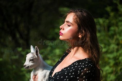 Forest Nymph In A Pine Forest With Lamb Beautiful Girl Nymph Stock