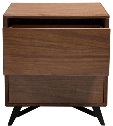 Wooden Two Drawers End Table With Slanted Metal Feet Walnut Brown And