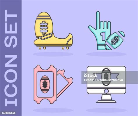 Tv 프로그램 축구 또는 축구 신발에 스파이크 미식 축구 티켓 및 손가락 제기 손가락과 미식 축구 공 아이콘1 팬 손 장갑에 미식 축구를 설정합니다 벡터 선풍기 전기 설비에