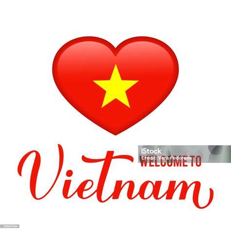 심장 모양의 국기와 베트남 문자에 오신 것을 환영합니다 타이포그래피 포스터 엽서 배너 전단지 스티커 티셔츠용 벡터 템플릿