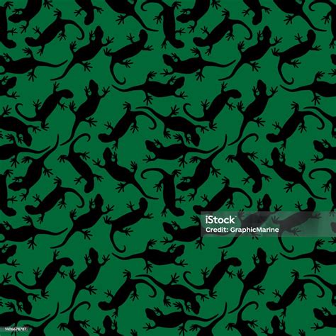 도마뱀 파충류 게코 실루엣 벡터의 원활한 패턴 녹색 배경에 고립 된 간단한 실루엣 패턴 옷 벽지 배경 및 직물을위한 템플릿