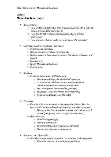 Biol1001 Lecture 11 Mendelian Genetics Biol1001 Lecture 11 Mendelian
