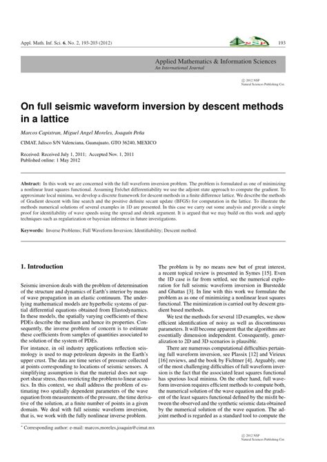 Pdf On Full Seismic Waveform Inversion By Descent Methods In A Lattice