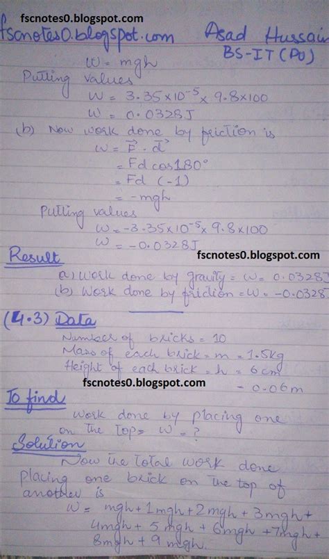F Sc ICS Notes Physics XI Chapter Work And Energy Numerical Problems