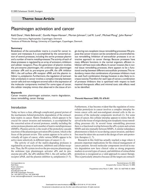 Pdf Plasminogen Activation And Cancer