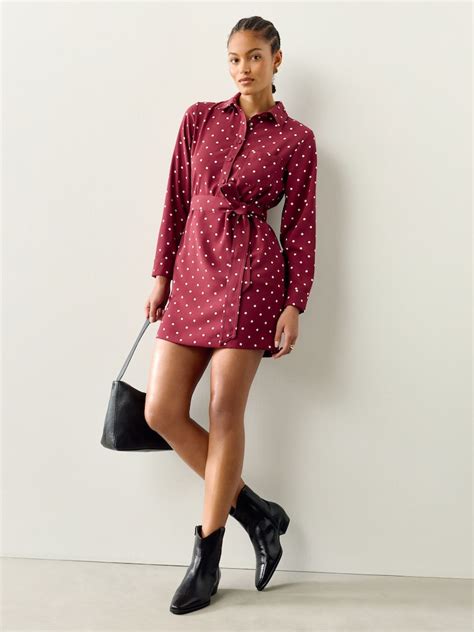 Buy Burgundy Red Spot Mini Long Sleeve Tie Waist Shirt Dress From The