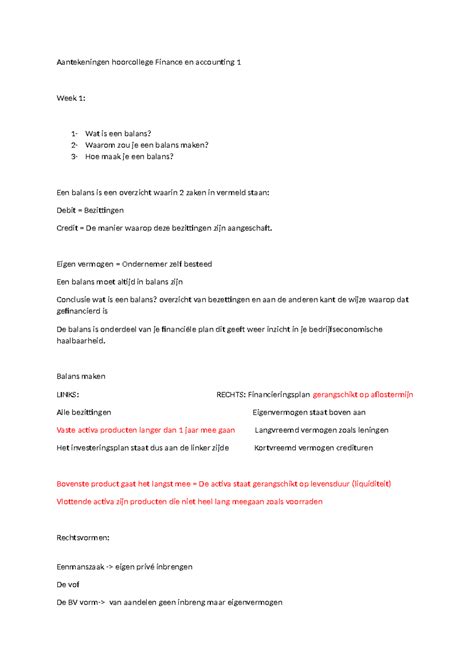 Hoorcollege Aantekeningen Finance And Accounting 1 Week 1 Balans