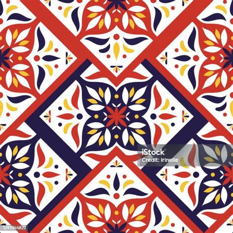 모자이크 프린트와 함께 매끄러운 빈티지 타일 패턴 벡터 꽃 세라믹 모티프 감촉 주방 바닥 또는 욕실 바닥 벽에 대한 이탈리아 마졸리카 배경 0명에 대한 스톡 벡터 아트 및