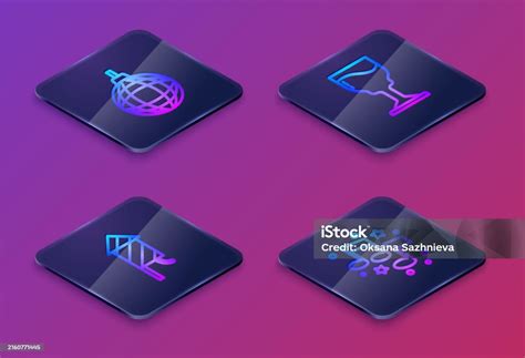 아이소 메트릭 라인 디스코 볼 불꽃 놀이 로켓 와인 잔 및 음악 노트 톤을 설정합니다 파란색 사각형 버튼입니다 벡터 3차원 형태에 대한 스톡 벡터 아트 및 기타 이미지