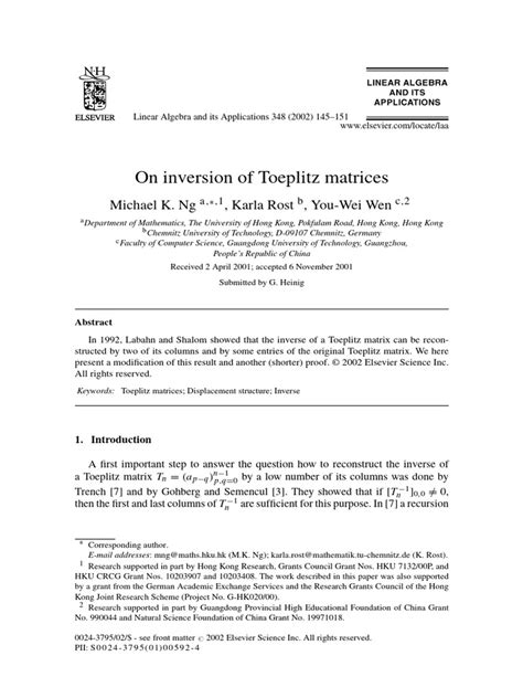 Iversion Of Toeplitz Matrix Pdf Matrix Mathematics Linear Map