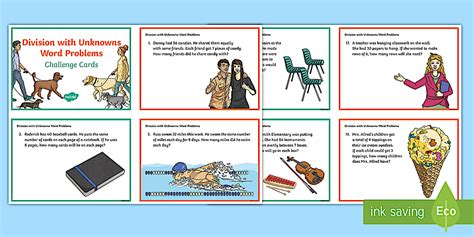 Division With Unknowns Word Problems Challenge Cards Math