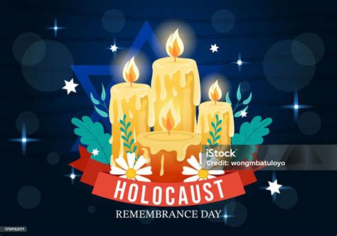 국제 홀로코스트 현충일 벡터 일러스트 레이 션 1월 27일 노란색 별과 촛불 평면 배경에서 희생자를 기념하기 위해 Holocaust에 대한 스톡 벡터 아트 및 기타 이미지