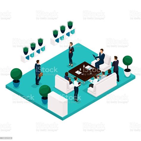 트렌드 아이소메트릭 사람들 개념 후면 보기 큰 사무실 공간 회의 토론 브레인스토밍 비즈니스 그리고 복 숙 녀 비즈니스 통신
