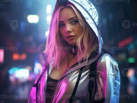 Woman In Futuristic Clothes Enjoys Leisurely Stroll Through Neon City