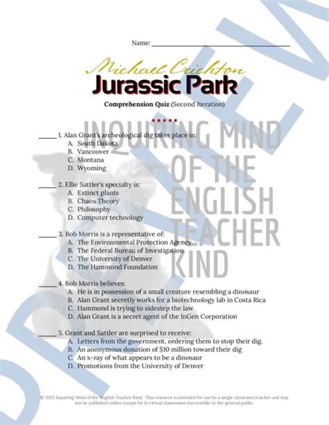 Jurassic Park Second Iteration Quiz Analysis Worksheet And Vocabulary