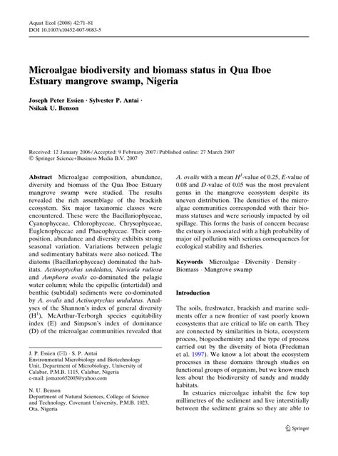 Pdf Microalgae Biodiversity And Biomass Status In Qua Iboe Estuary Mangrove Swamp Nigeria