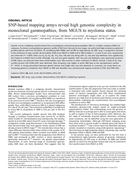 Pdf Snp Based Mapping Arrays Reveal High Genomic Complexity In Monoclonal Gammopathies From