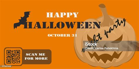 할로윈 파티 수평 전단지 무서운 얼굴의 호박 박쥐 텍스트 및 Qr 코드와 벡터 일러스트 레이 션 파티 초대장 또는 배너에 대한 휴일 디자인 템플릿입니다 0명에 대한 스톡