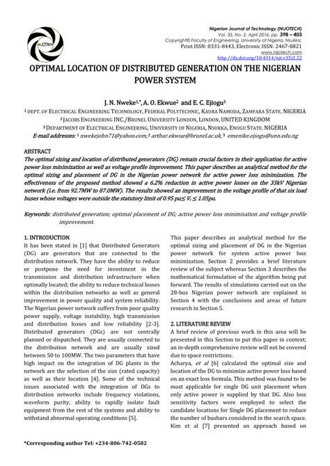 Pdf Optimal Location Of Distributed Generation On The Nigerian Power System